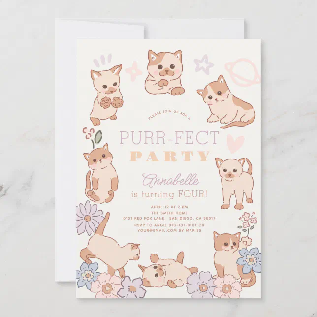 Purr-fect Party Cute Cats Floral Girl Birthday Invitation | Zazzle