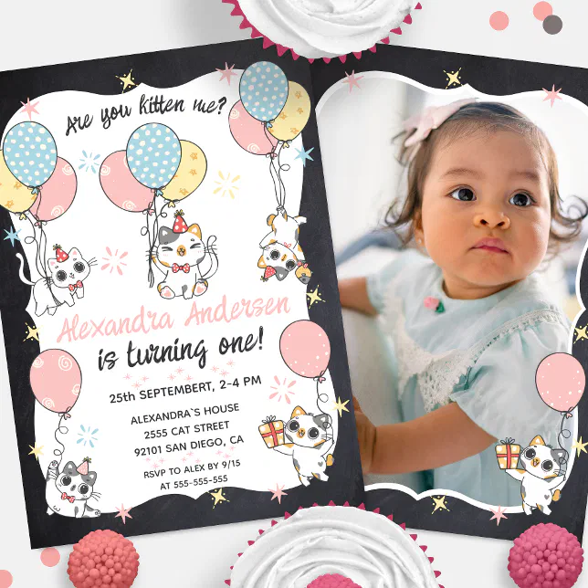 Purr-fectly One: Cat Theme 1st Birthday Party Invitation | Zazzle