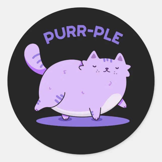 Purr-ple Funny Fat Kitty Cat Pun Dark BG Classic Round Sticker | Zazzle