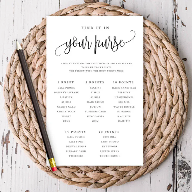 Purse Scavenger Hunt Bridal Shower Game Paper Card | Zazzle