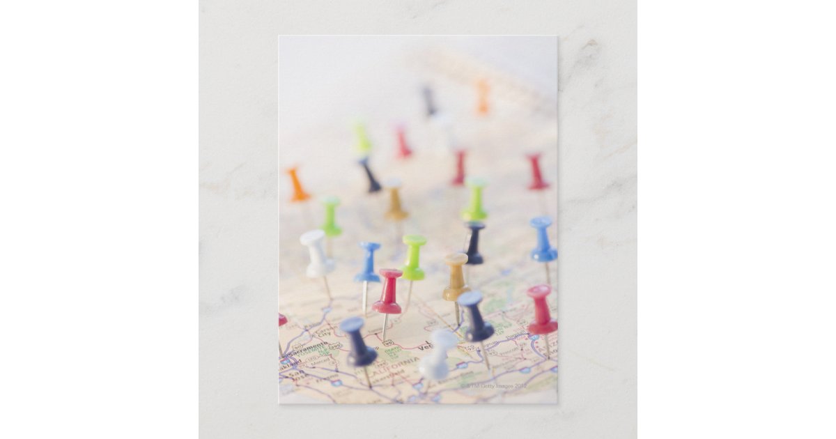 Pushpins in a map postcard | Zazzle