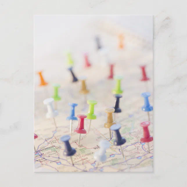 Pushpins in a map postcard | Zazzle