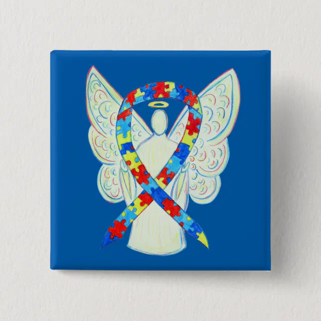Puzzle Angel Autism Awareness Ribbon Art Pins | Zazzle