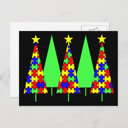 Puzzle Christmas Trees - Autism Awareness Holiday Postcard | Zazzle