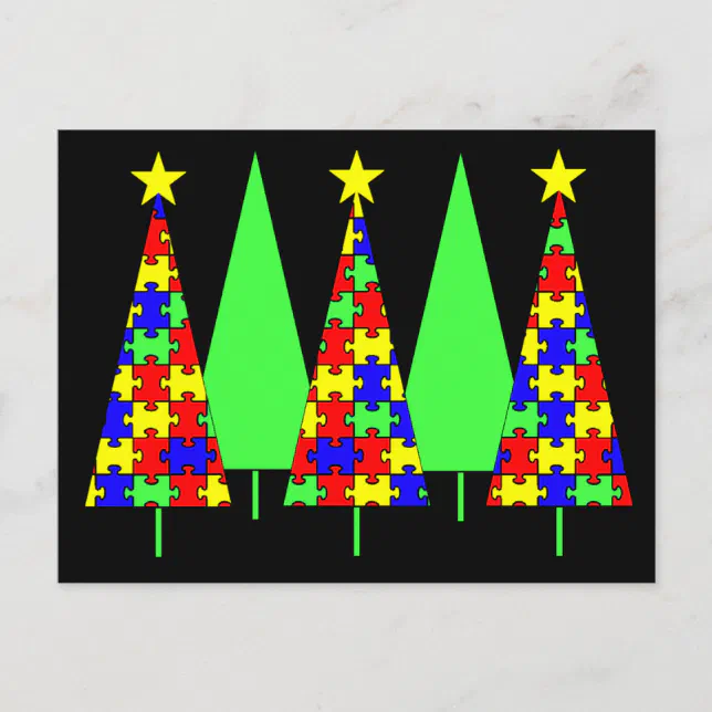 Puzzle Christmas Trees - Autism Awareness Holiday Postcard | Zazzle