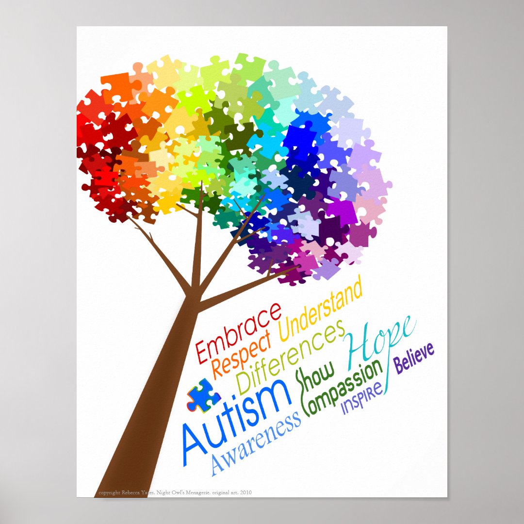 Puzzle Tree with Word Art Autism Awareness Poster | Zazzle