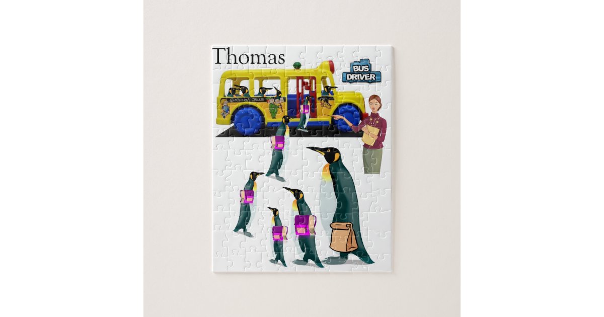 Puzzles White and Black Penguin School Bus Driver | Zazzle