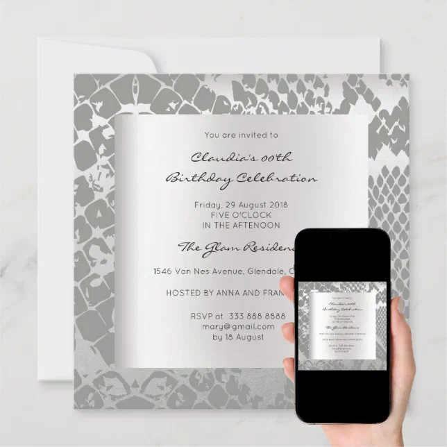 Python Snake Animal Skin Black Silver Birthday Invitation | Zazzle