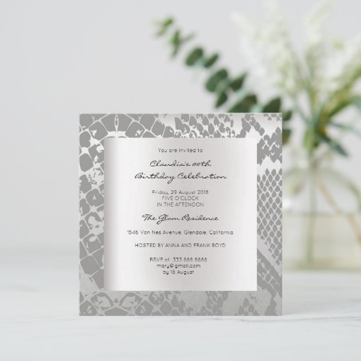 Python Snake Animal Skin Black Silver Birthday Invitation | Zazzle