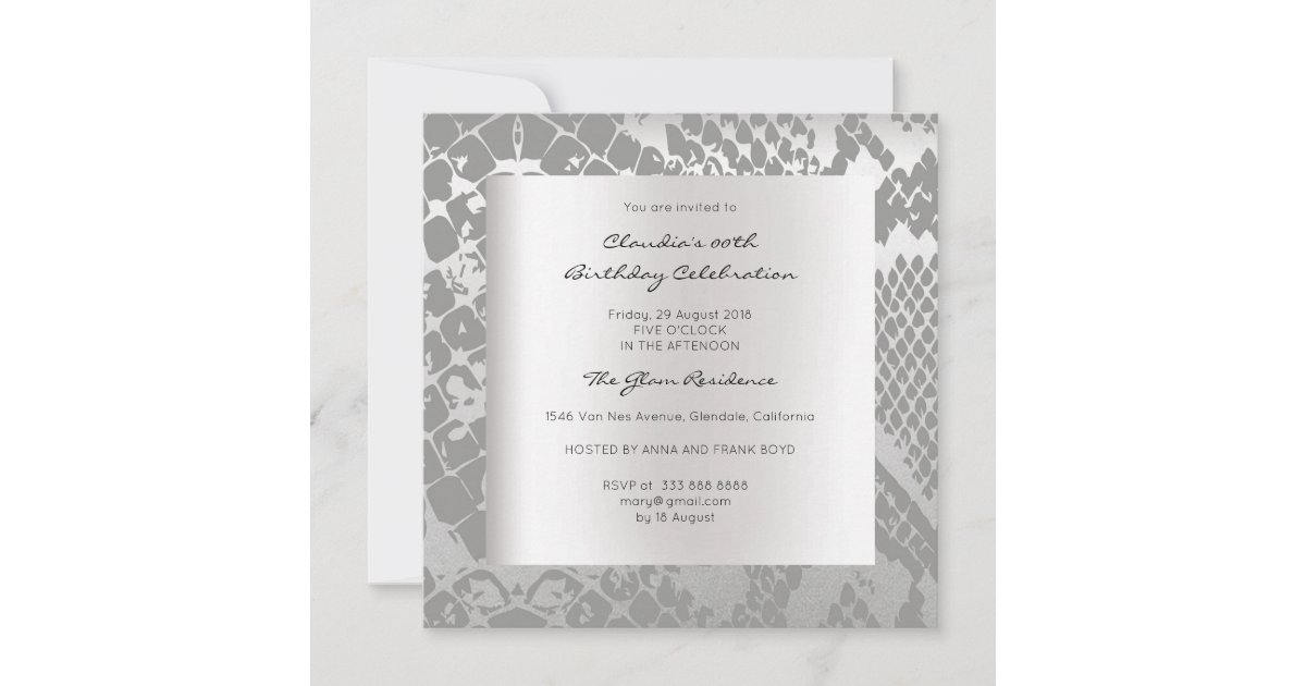 Python Snake Animal Skin Black Silver Birthday Invitation | Zazzle