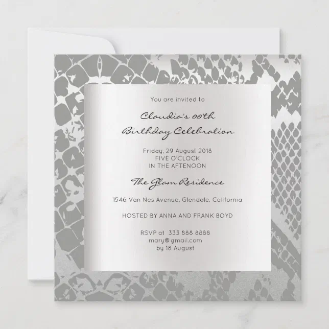 Python Snake Animal Skin Black Silver Birthday Invitation | Zazzle