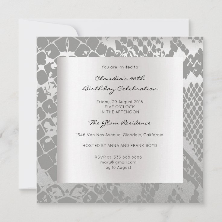 Python Snake Animal Skin Black Silver Birthday Invitation | Zazzle