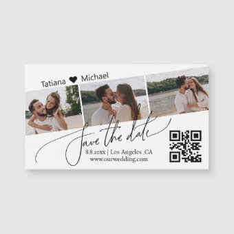 qr code 3 photo collage save the date chic magnet | Zazzle