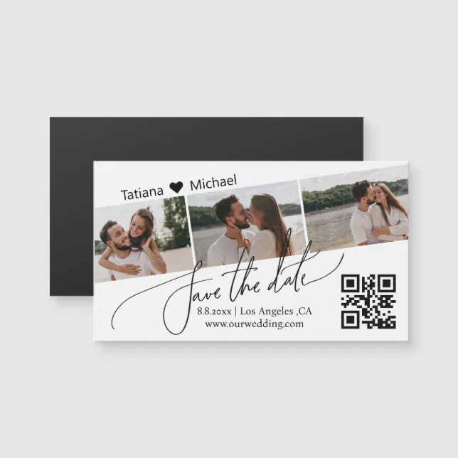 qr code 3 photo collage save the date chic magnet | Zazzle