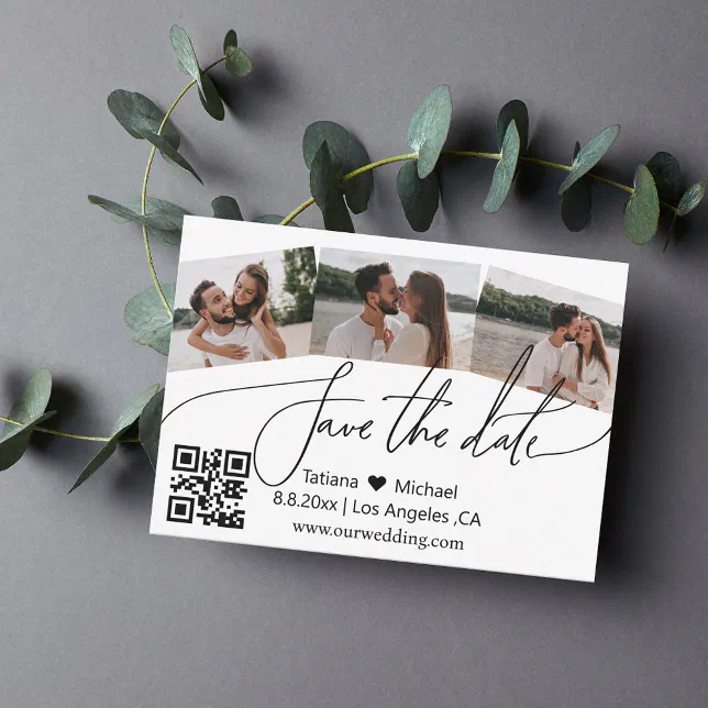 qr code 3 photos collage save the date modern note card | Zazzle