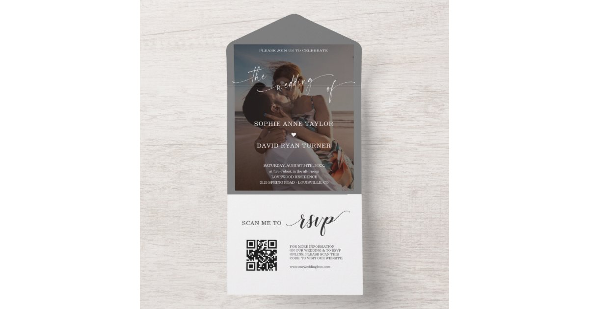 QR Code Airy Greenery Photo Wedding All In One Invitation | Zazzle