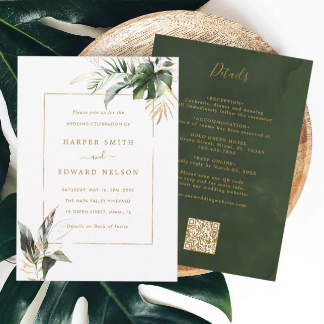 QR Code All In One Tropical Leaves Gold Wedding Invitation | Zazzle