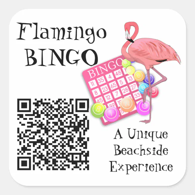 QR Code and Custom Logo Scannable Flamingo Bingo Square Sticker | Zazzle