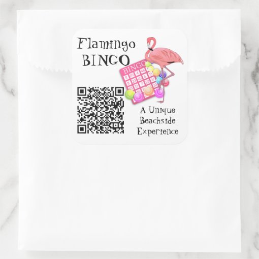 QR Code and Custom Logo Scannable Flamingo Bingo Square Sticker | Zazzle