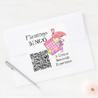 QR Code and Custom Logo Scannable Flamingo Bingo Square Sticker | Zazzle