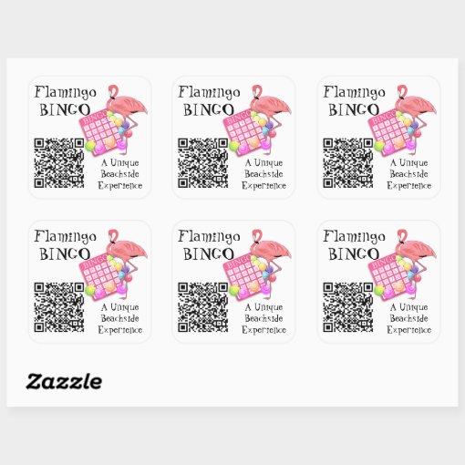 QR Code and Custom Logo Scannable Flamingo Bingo Square Sticker | Zazzle