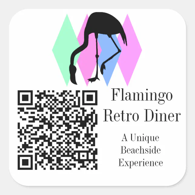 QR Code and Custom Logo Scannable Retro Flamingo Square Sticker | Zazzle
