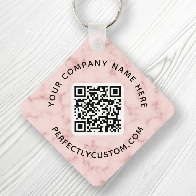 QR code and custom text double sided pink marble Keychain | Zazzle