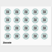 QR code and custom text light aqua blue Classic Round Sticker | Zazzle