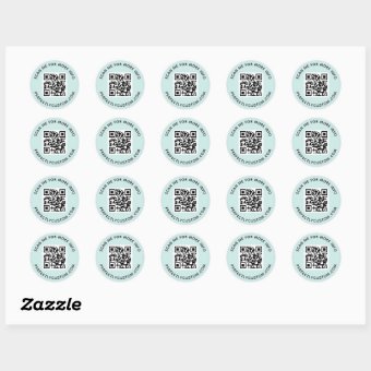 QR code and custom text light aqua blue Classic Round Sticker | Zazzle