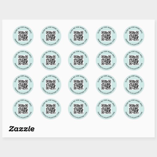 QR code and custom text light aqua blue Classic Round Sticker | Zazzle