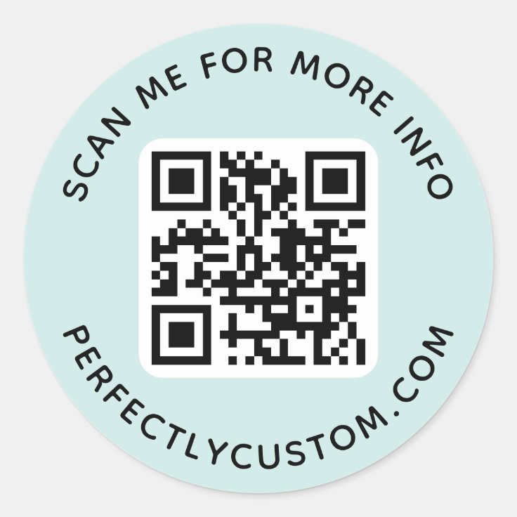 QR code and custom text light aqua blue Classic Round Sticker | Zazzle