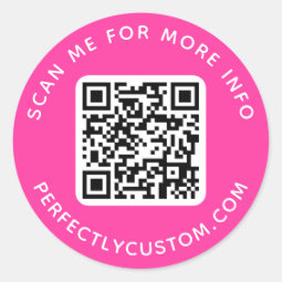 QR code and custom text round hot pink Classic Round Sticker | Zazzle