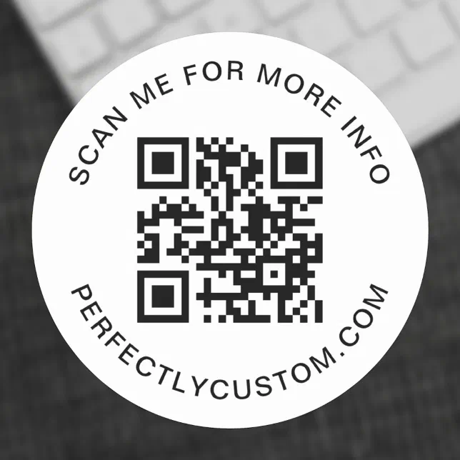 QR code and custom text white Classic Round Sticker | Zazzle
