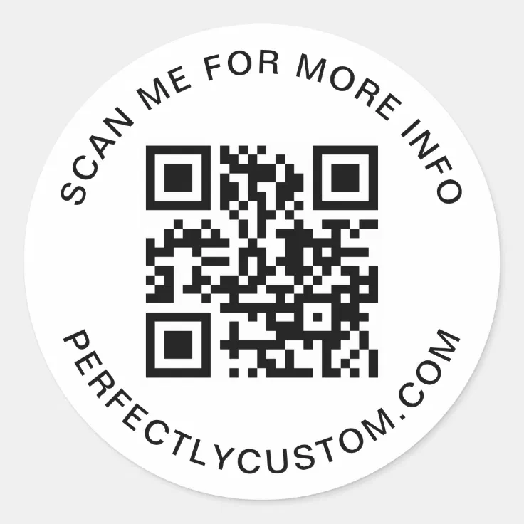 QR code and custom text white Classic Round Sticker | Zazzle