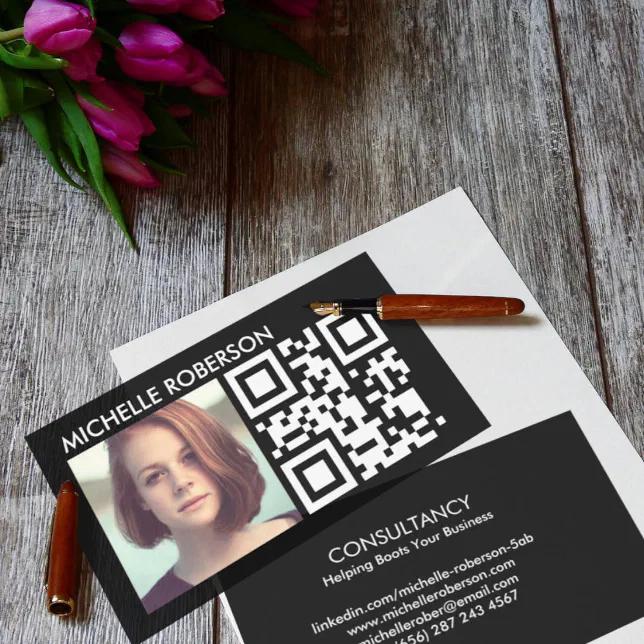 Qr code and headshot business card | Zazzle