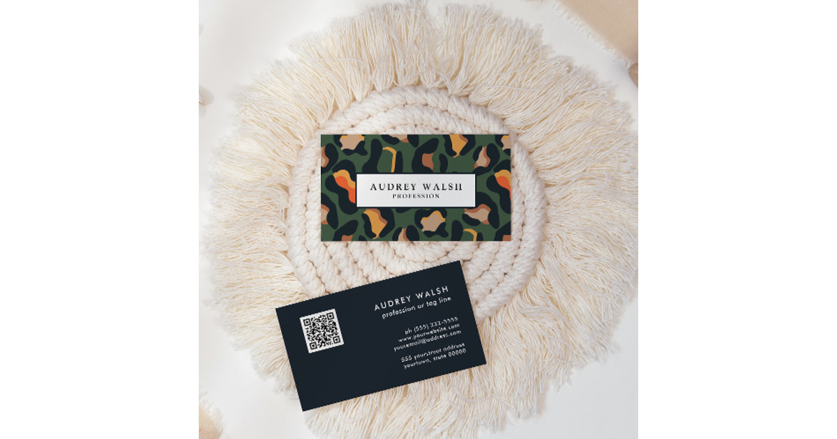 QR CODE Animal Skin Leopard spot earth colors Business Card | Zazzle