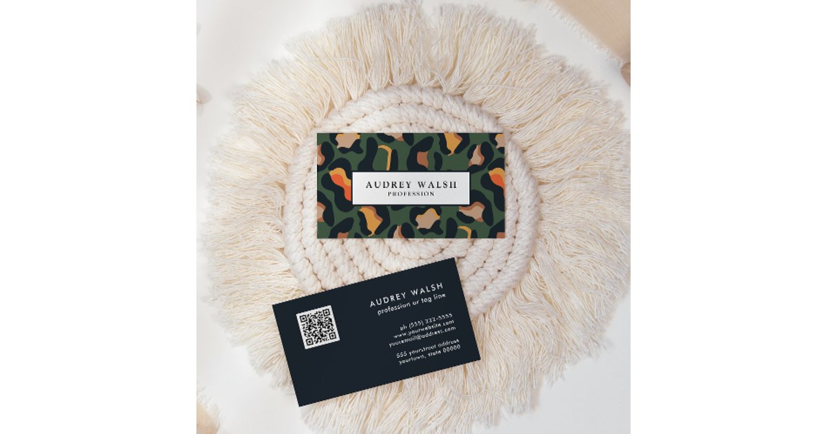 QR CODE Animal Skin Leopard spot earth colors Business Card | Zazzle