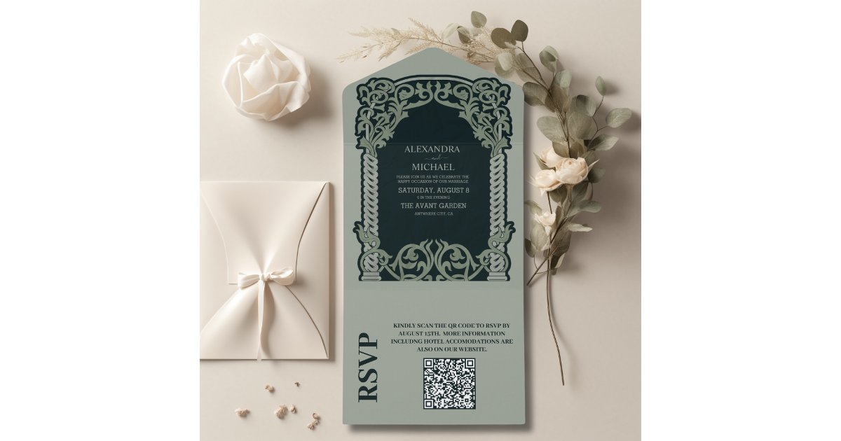 QR Code Antique Art Nouveau Wedding All In One Invitation | Zazzle