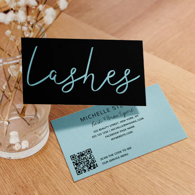 QR CODE aqua blue black lash technician typography Business Card | Zazzle