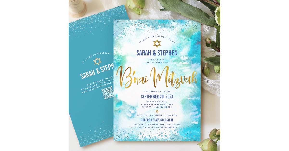 QR Code B’nai Mitzvah Turquoise Watercolor Gold Invitation | Zazzle