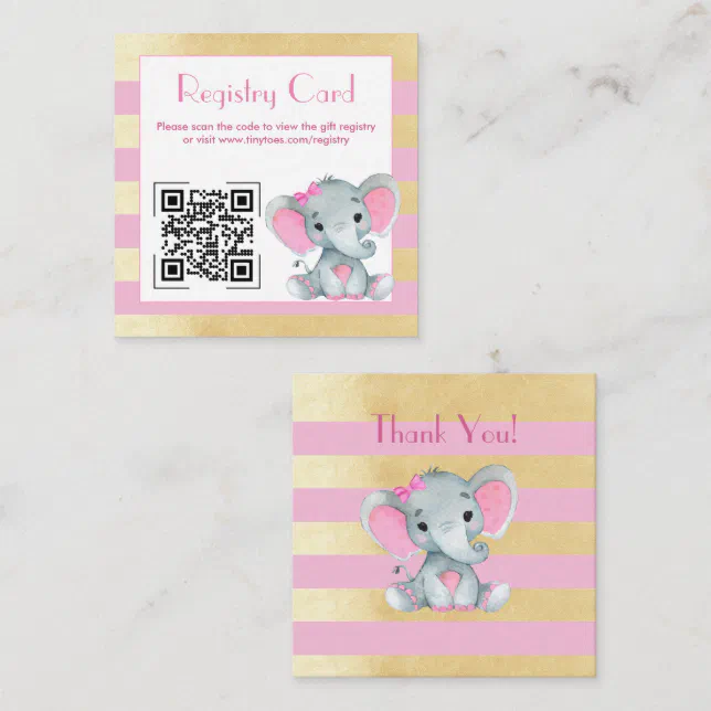 QR Code Baby Elephant Registry Gold Pink Card | Zazzle