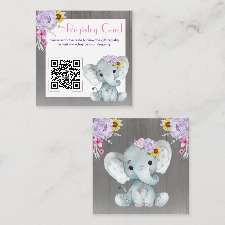QR Code Baby Elephant Registry Purple Pink Yellow Enclosure Card | Zazzle