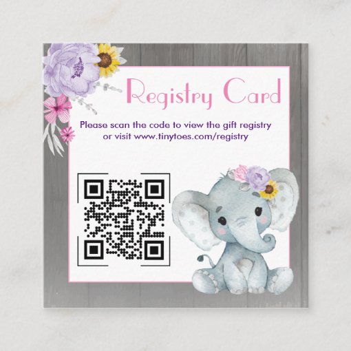 QR Code Baby Elephant Registry Purple Pink Yellow Enclosure Card | Zazzle