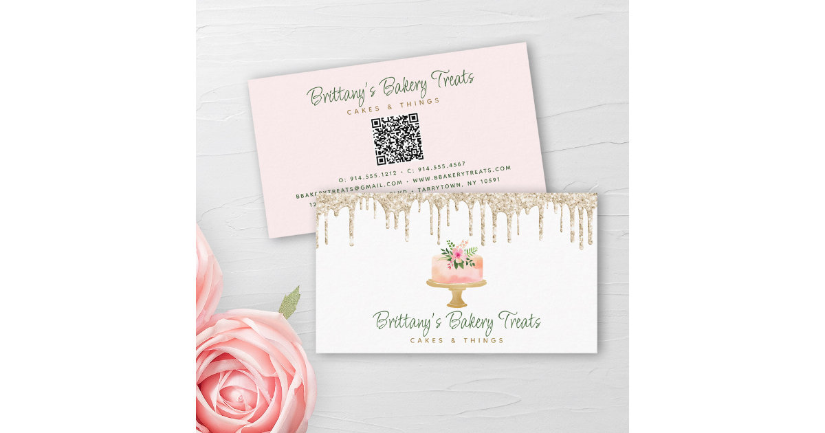 QR Code Bakery Blush Pink Cake Gold Glitter Drips Business Card | Zazzle