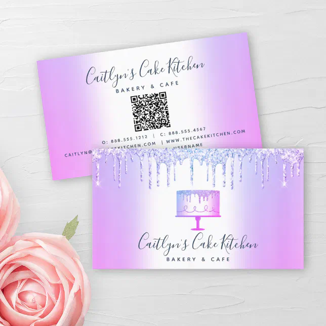 QR Code Bakery Cake Purple Glitter Drips Dessert Business Card | Zazzle