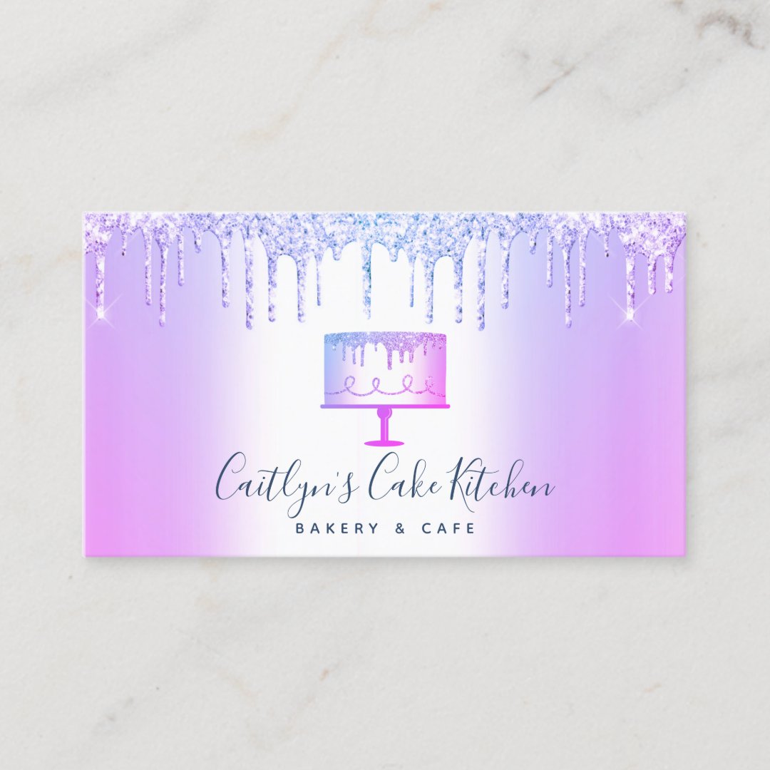 QR Code Bakery Cake Purple Glitter Drips Dessert Business Card | Zazzle