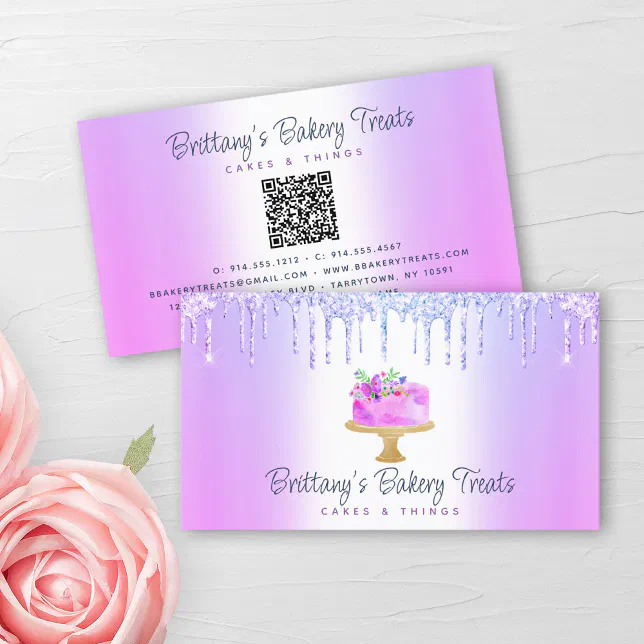 QR Code Bakery Purple Cake Glitter Drips Dessert Business Card | Zazzle