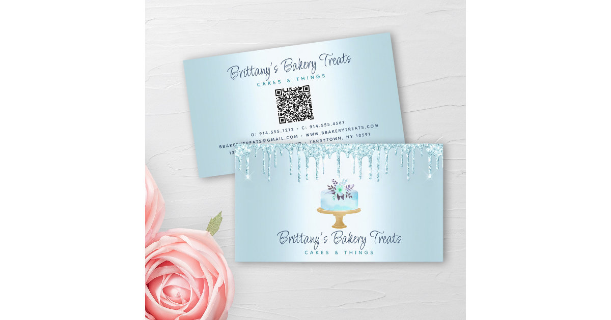 QR Code Bakery Turquoise Cake Glitter Drip Dessert Business Card | Zazzle