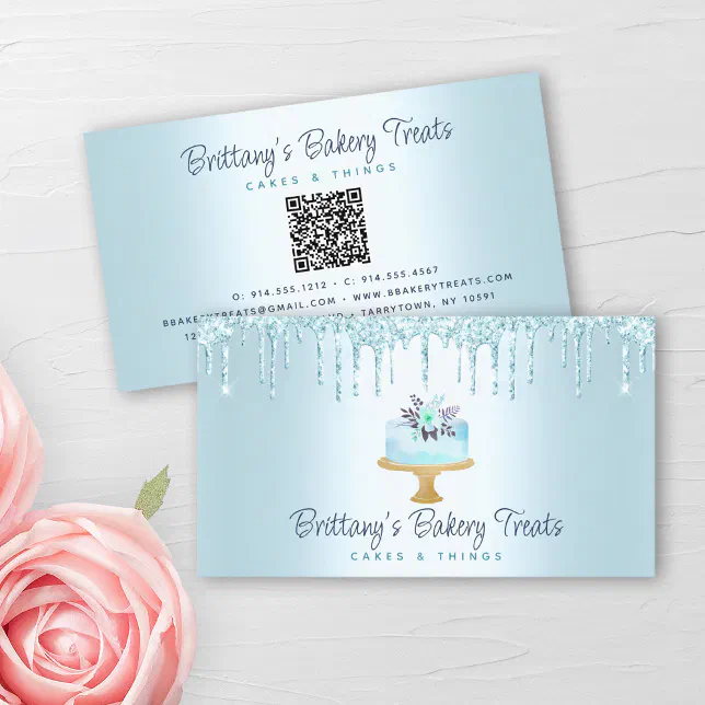 QR Code Bakery Turquoise Cake Glitter Drip Dessert Business Card | Zazzle