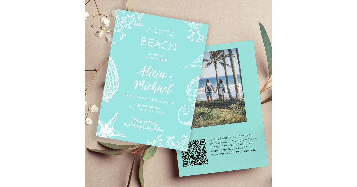 QR CODE Beach destination photo wedding Invitation | Zazzle